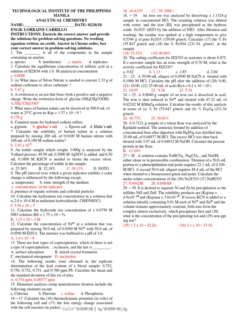 Anachem 2017-2018 | PDF | Titration | Chemistry