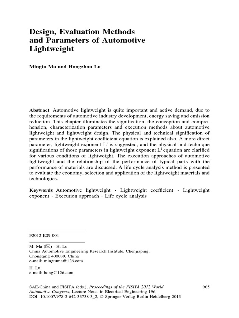 Design, Evaluation Methods and Parameters of Automotive Lightweight ...