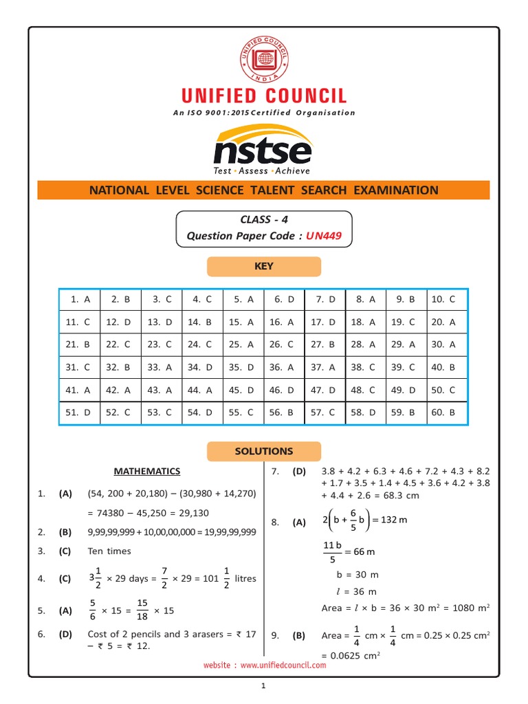 Class 4 NSTSE Solutions Paper Code 449 - 2018 | PDF | Leaf | Atmosphere Of Earth