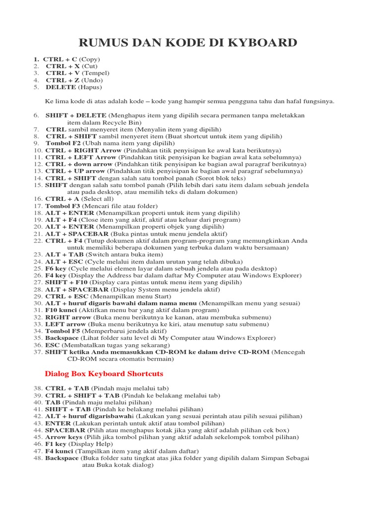 Rumus dan Kode Shortcut Keyboard | PDF | Game & Aktivitas | Komputer