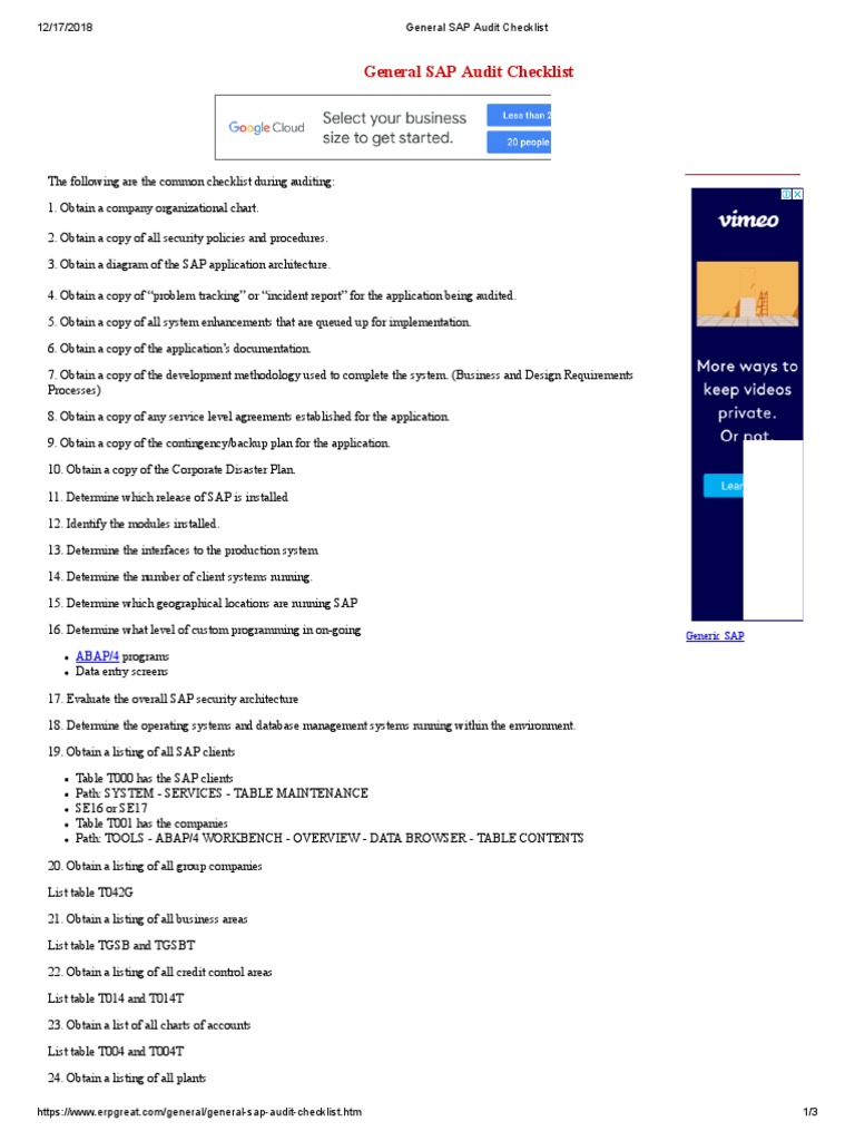 General SAP Audit Checklist | PDF | Computing | Business