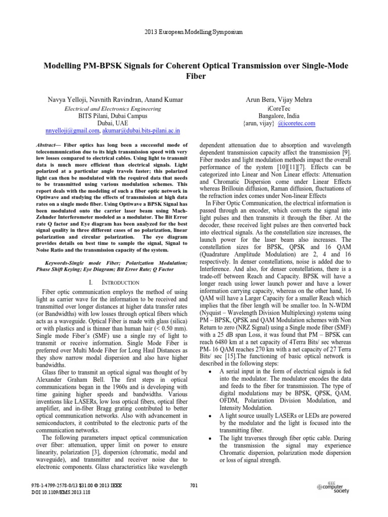 Modelling PM-BPSK Signals For Coherent Optical Transmission Over Single-Mode Fiber | PDF ...