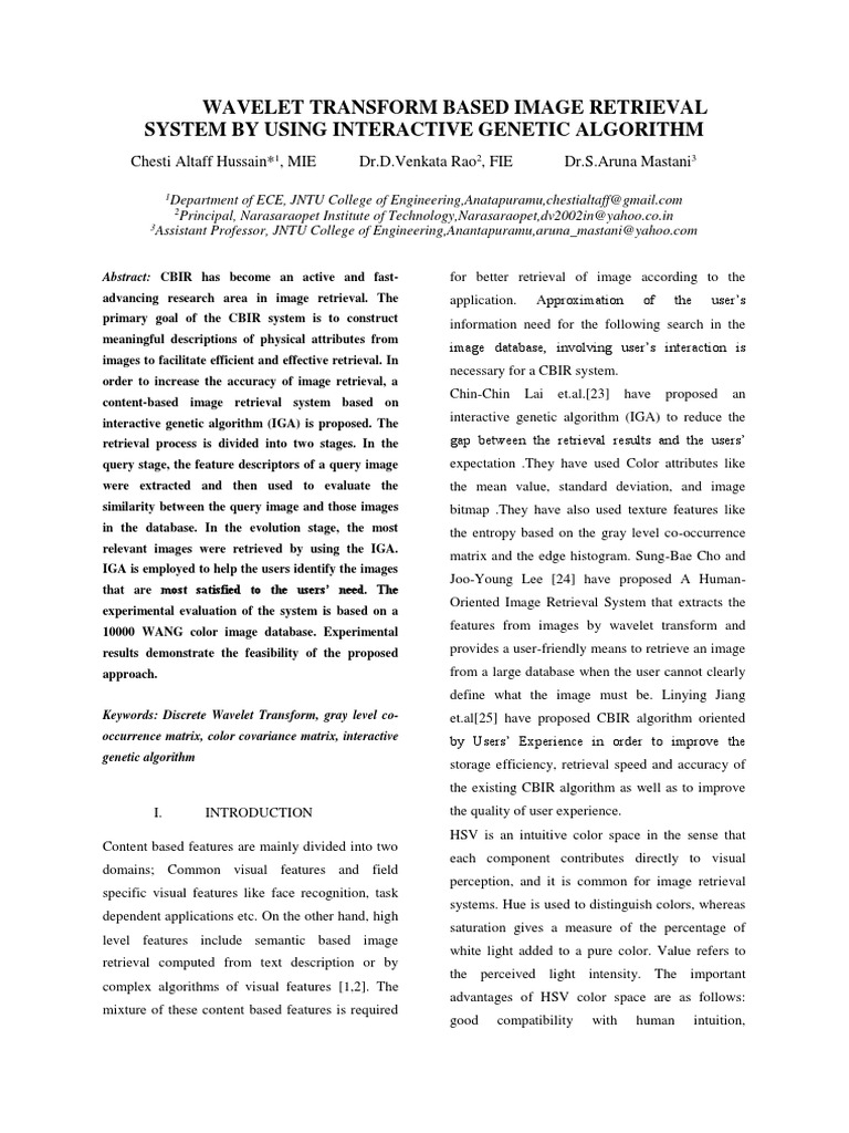 Wavelet Transform Based Image Retrieval System by Using Interactive Genetic Algorithm1 | PDF ...