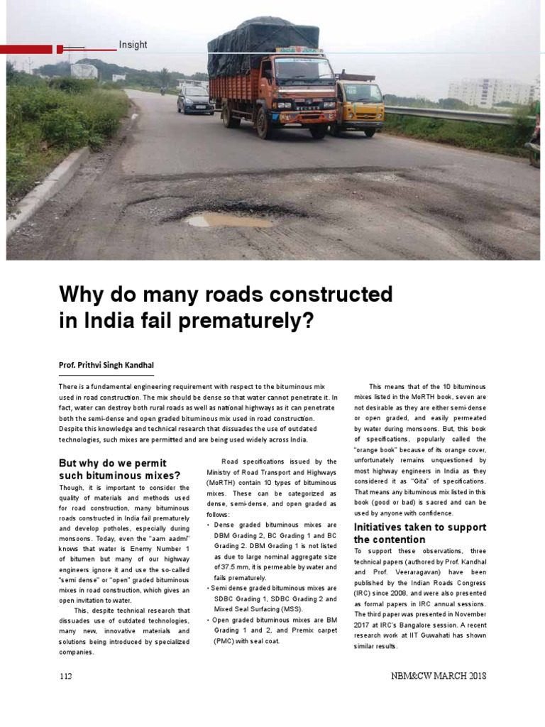 Why Do Many Roads Constructed in India Fail Prematurely? | PDF ...