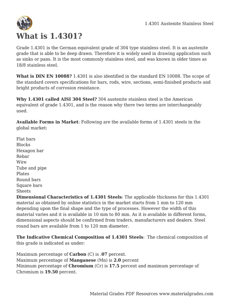 1.4301 Stainless Steel Overview | PDF | Stainless Steel | Steel