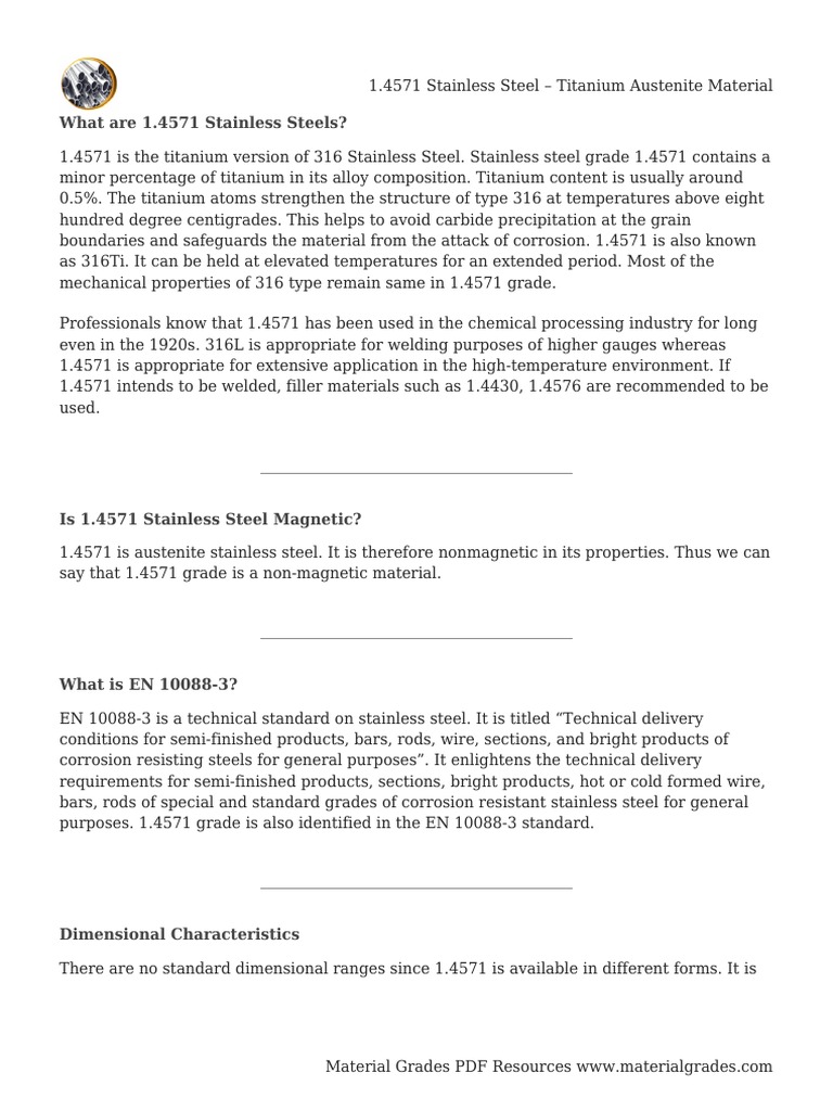 1.4571 Stainless Steel & Titanium Austenite Material | PDF | Stainless ...