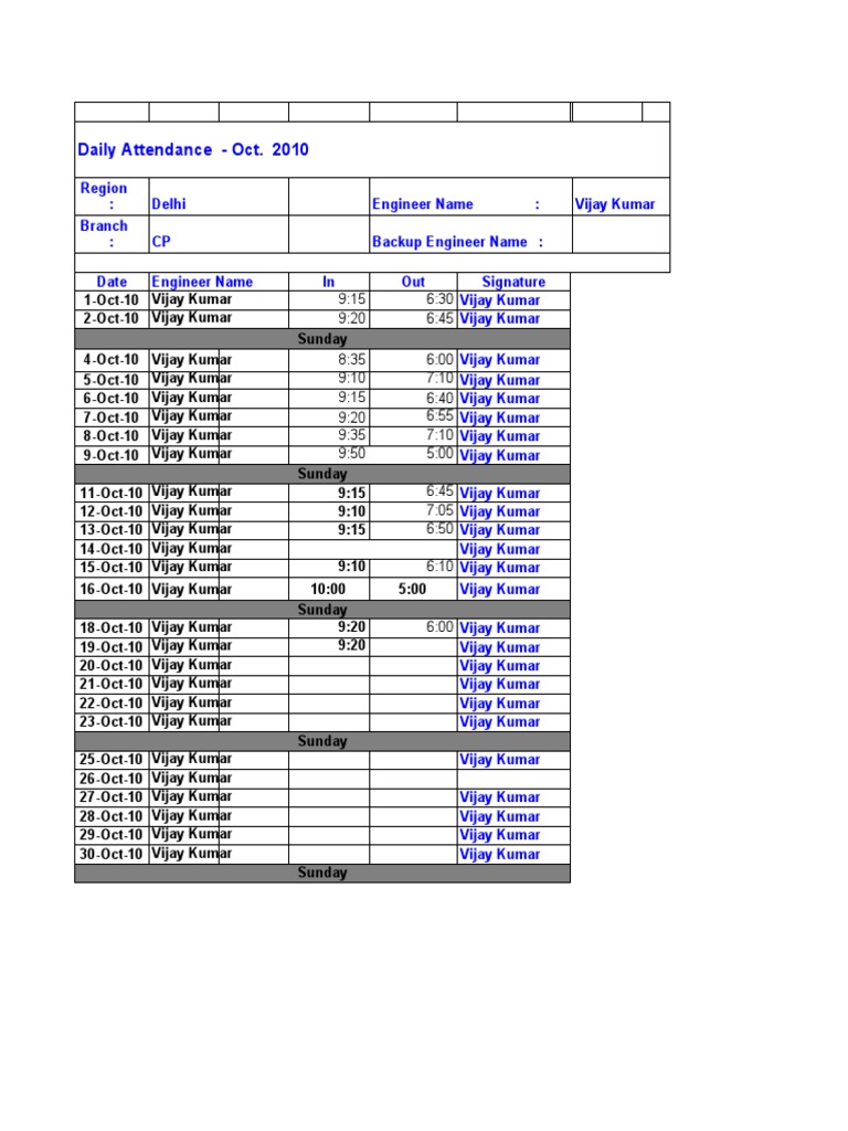 October 2010 Daily Attendance Log | PDF | Home & Garden