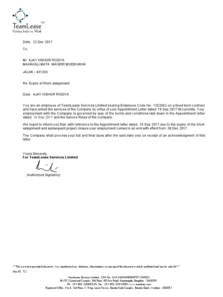 Work Assignment Closure Letter PDF | PDF