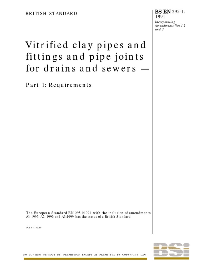 BS EN 295-1 - 1991 Vitrified Clay Pipes and Fittings and Pipe Joints ...