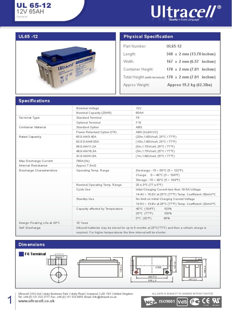 Date Tehnice Acumulator Vrla Ultracell 12v 65ah Ul65 12 124 | PDF ...