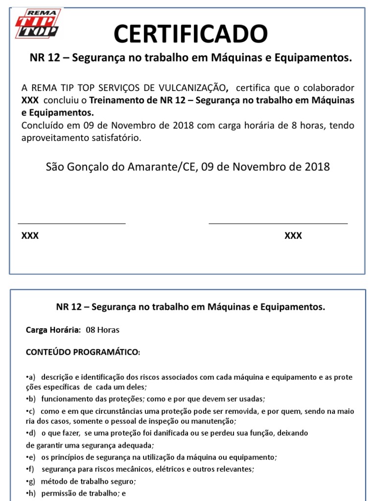 Modelo - Certificado de NR 12 | PDF