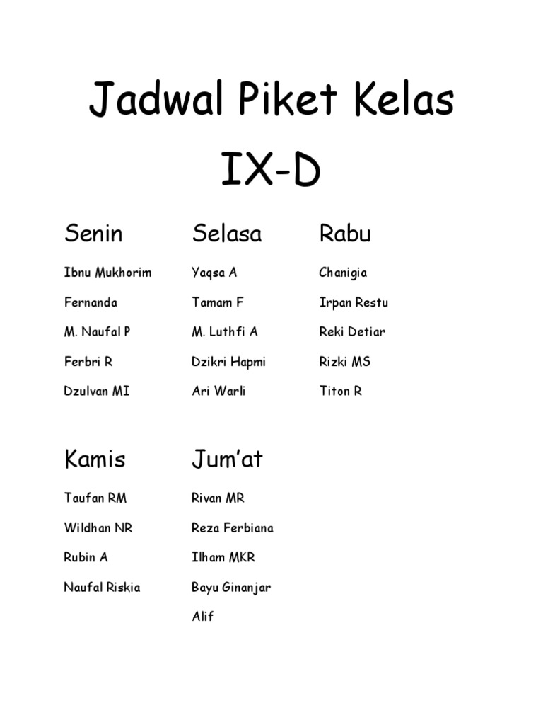 Jadwal Piket Kelas Ix-D: Senin Selasa Rabu | PDF