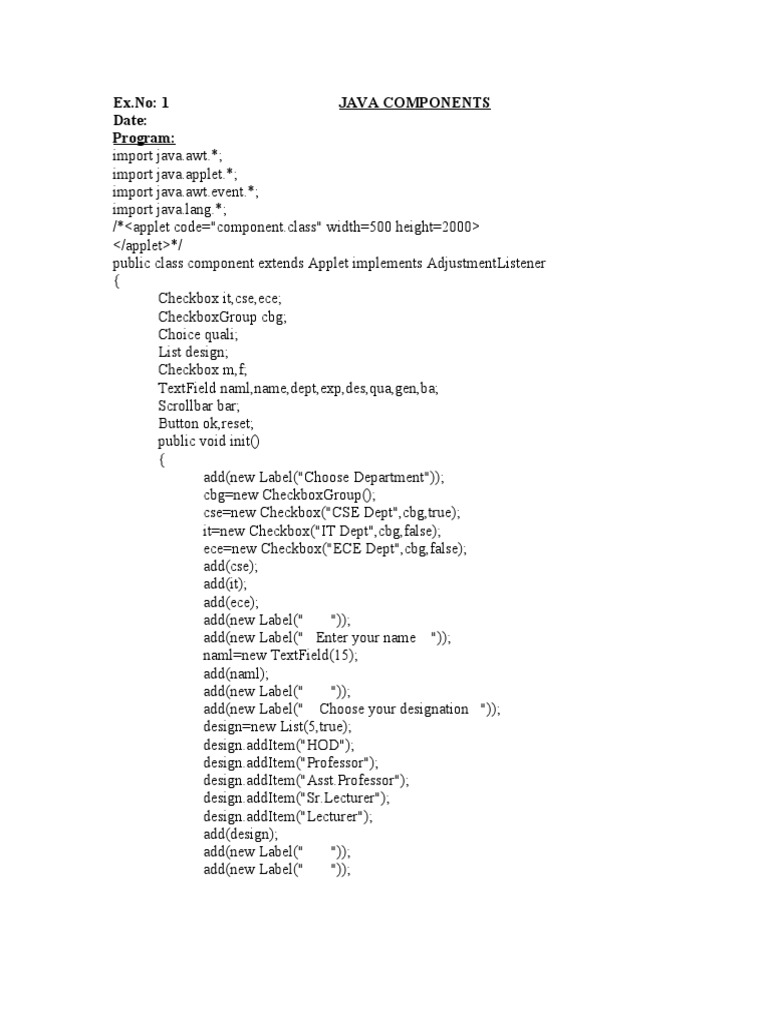 Ex - No: 1 Java Components Date: Program | PDF | Java Servlet | Hypertext Transfer Protocol