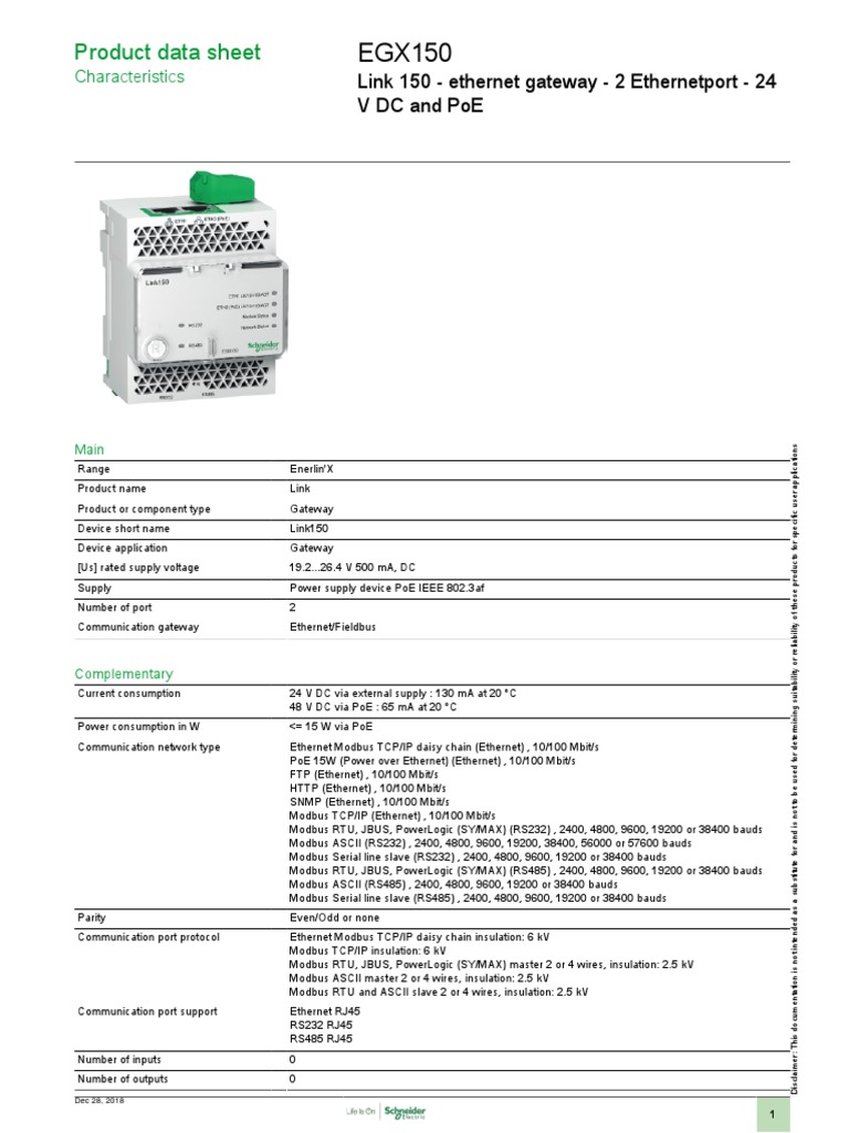 Product Data Sheet for the Enerlin'X Link 150 Ethernet Gateway - 2 ...