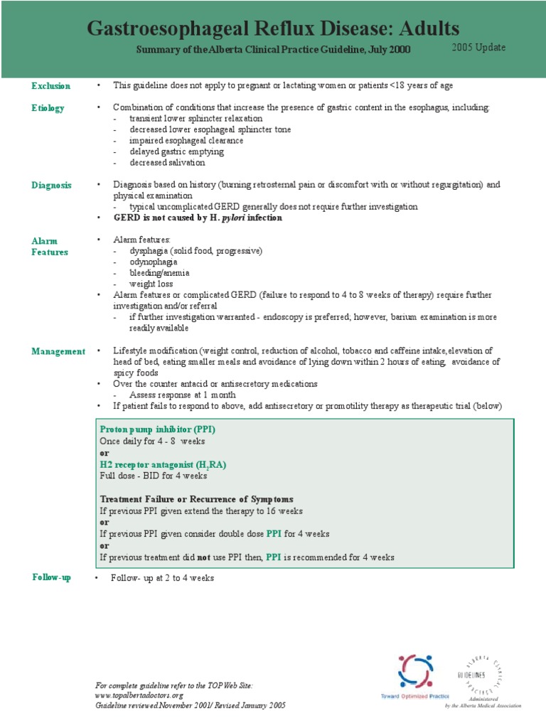 Gastroesophageal Reflux Disease: Adults: Summary of The Alberta ...