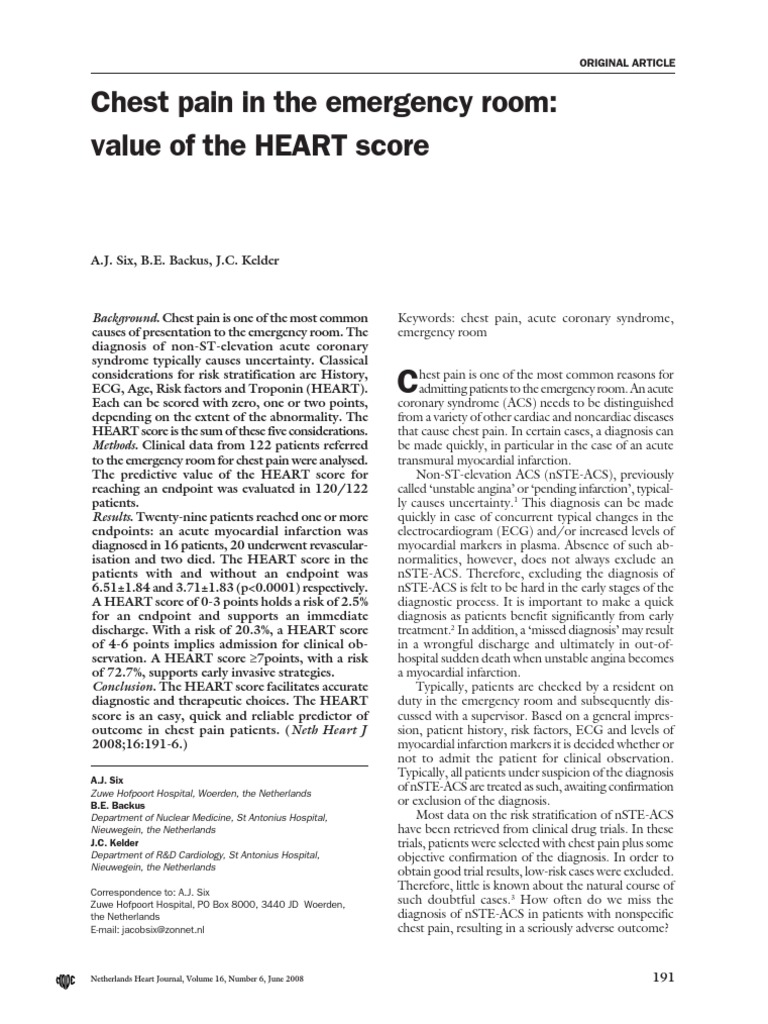 Chest Pain in The Emergency Room: Value of The HEART Score: Background ...