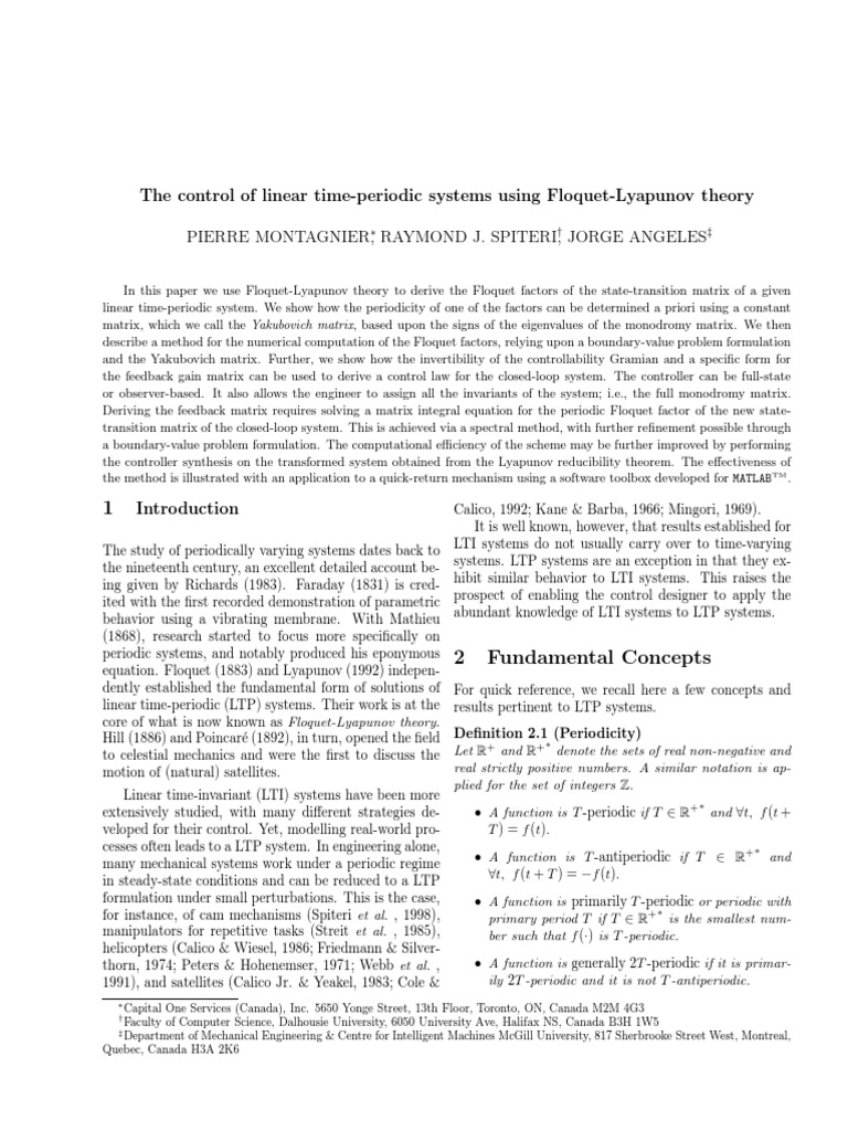 The Control of Linear Time-Periodic Systems Using Floquet-Lyapunov Theory Pierre Montagnier ...