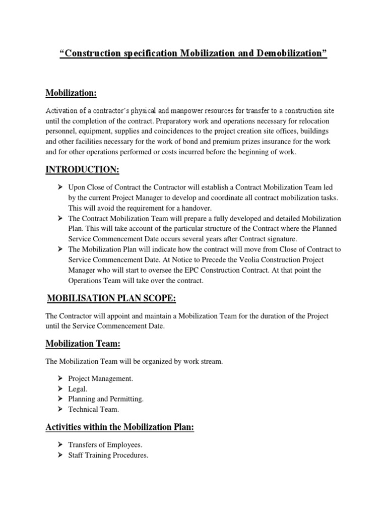 Construction Specification Mobilization and Demobilization | PDF ...