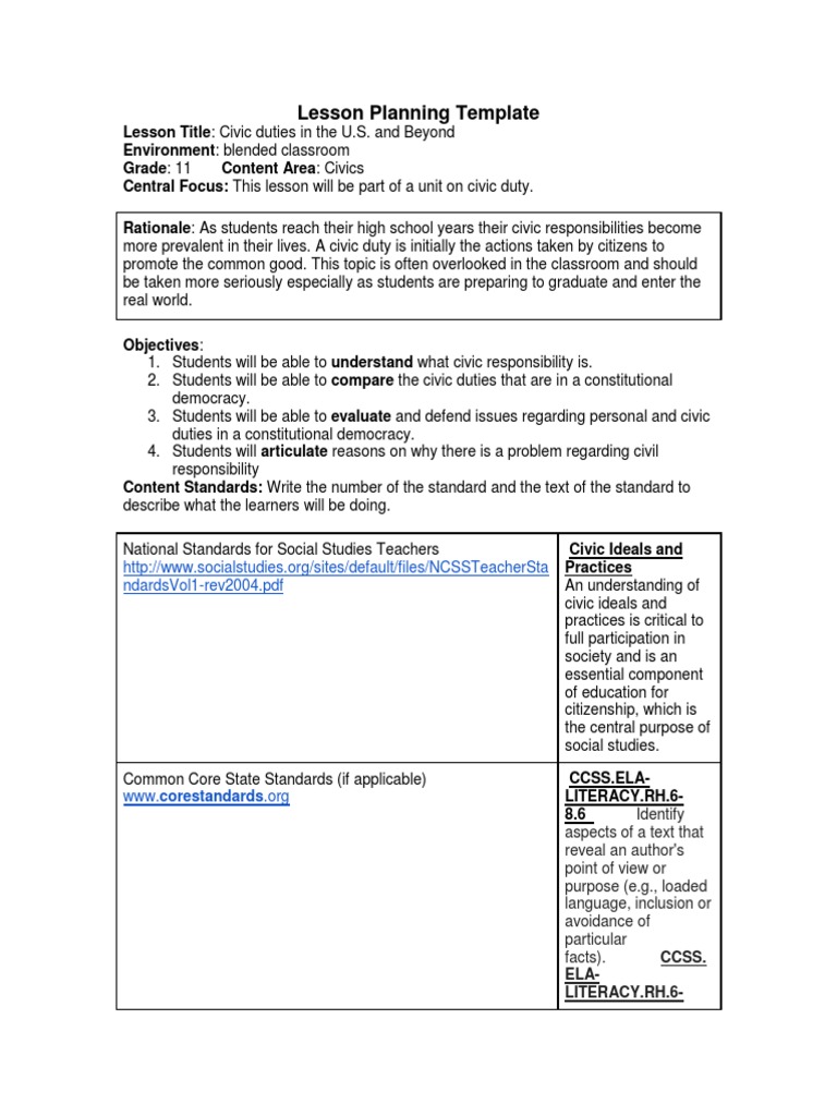 Civic Duty Lesson Plan | PDF | Educational Assessment | Lesson Plan