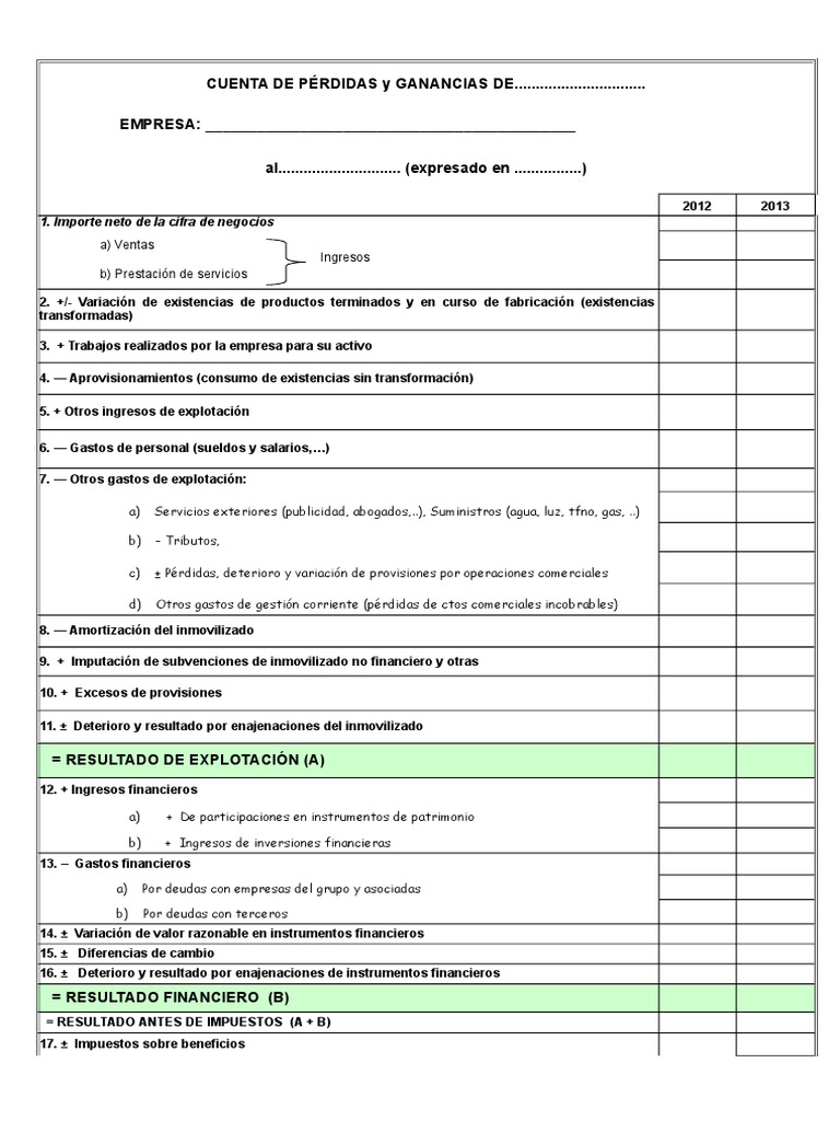 Plantilla para Elaborar La Cuenta de Pyg | PDF
