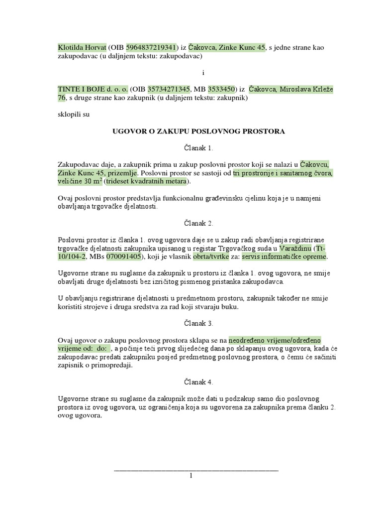 Ugovor o Zakupu Poslovnog Prostora | PDF