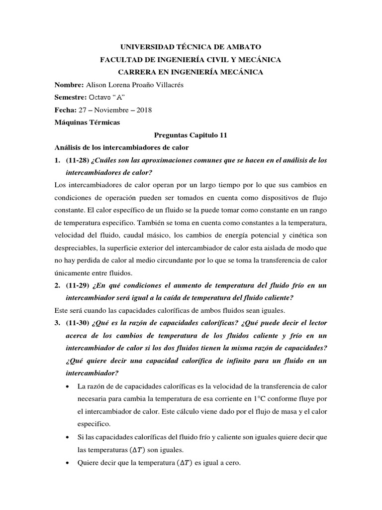 Alison Proaño - Preguntas Capítulo 11 | PDF | Intercambiador de calor | Calor
