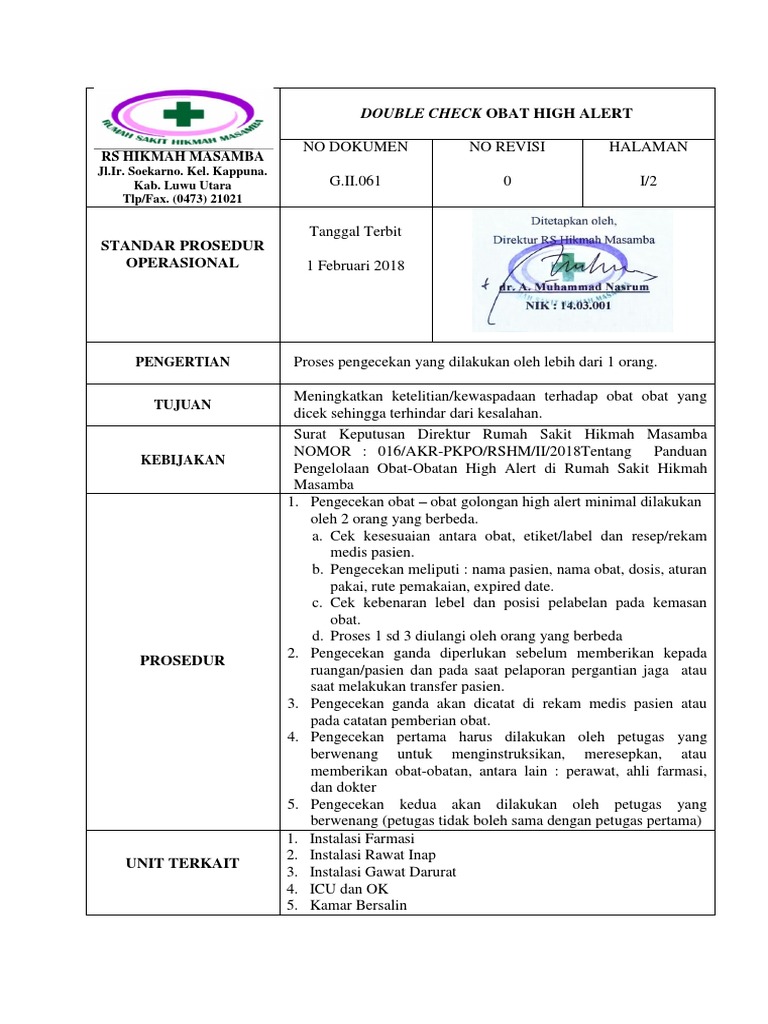 Prosedur Double Check Obat High Alert | PDF