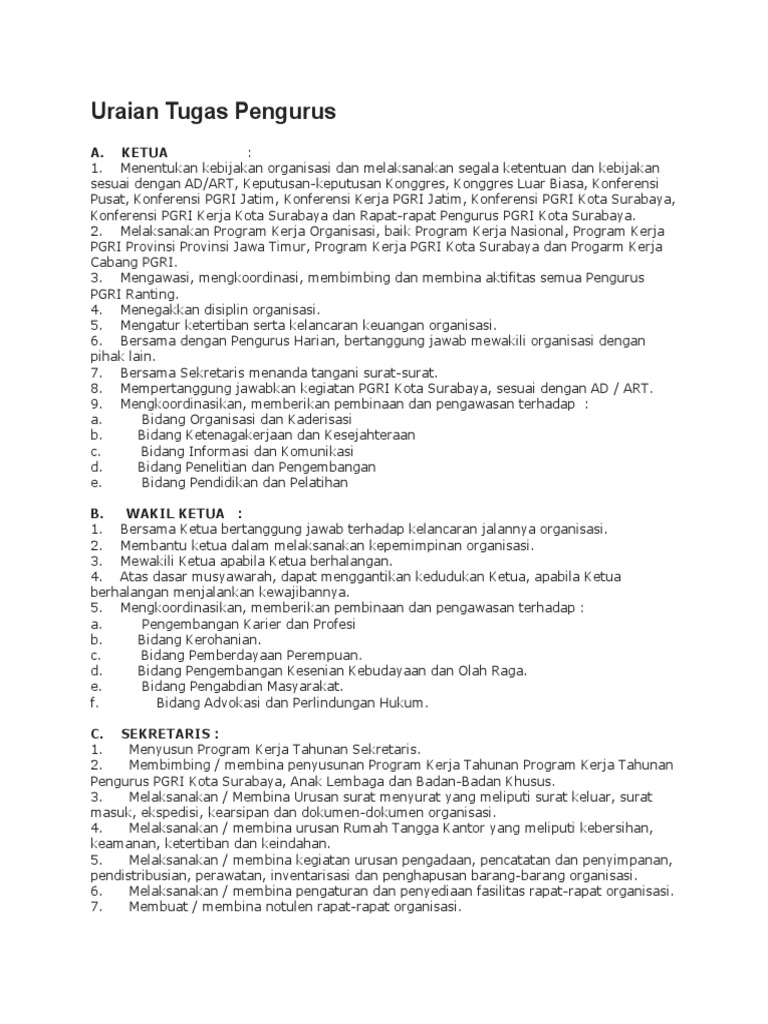 Uraian Tugas Pengurus PGRI Cabang Kota Surabaya | PDF