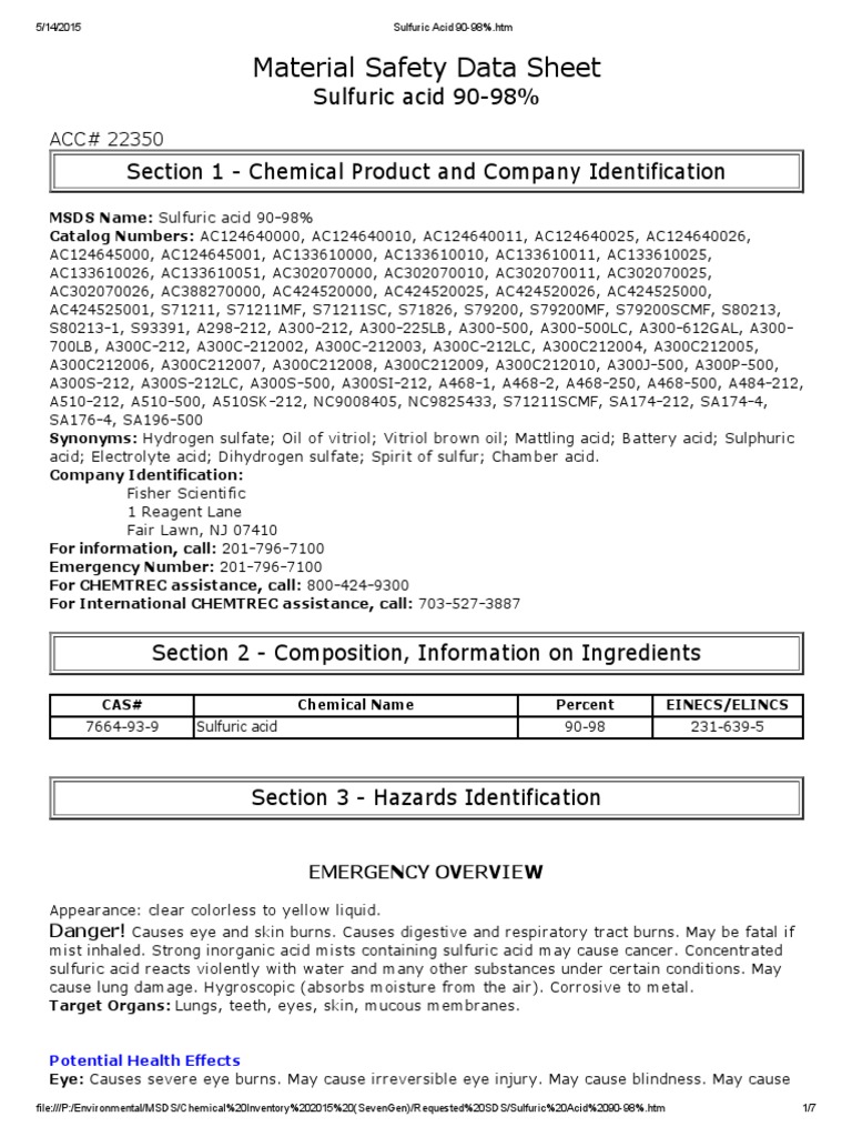 Msds H2 SO4 | PDF | Sulfuric Acid | Mucus