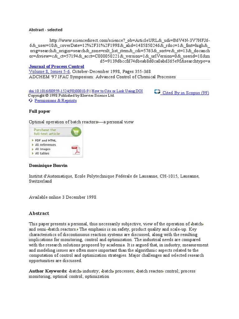 Journal of Process Control: Volume 8, Issues 5-6 | PDF | Chemical ...