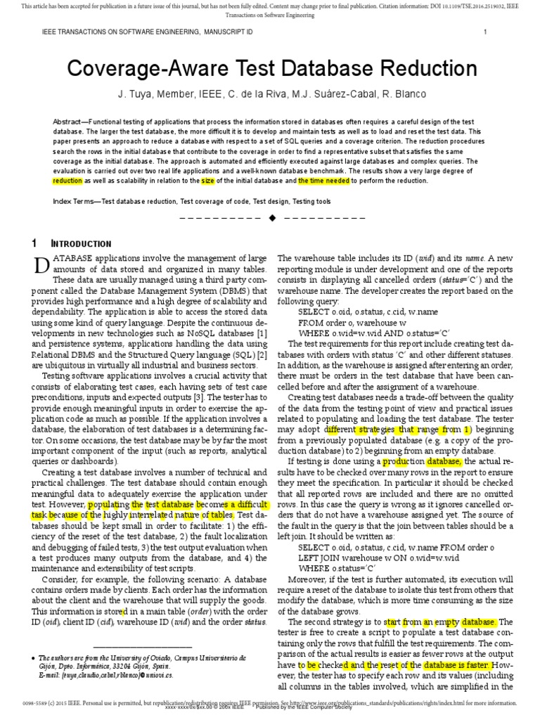 Coverage-Aware Test Database Reduction: J. Tuya, Member, IEEE, C. de La ...