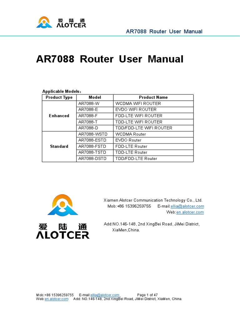 Alotcer Industrial Router Ar7088 Router User Manual Pdf Ip Address Computer Network