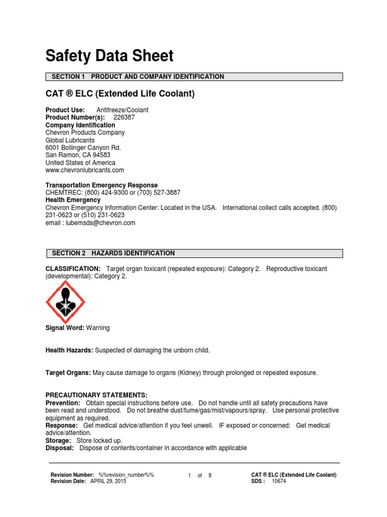 Cat Elc (Extended Life Coolant) Mds | PDF | Toxicity | Personal ...