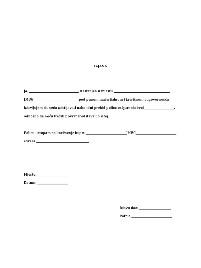 IZJAVA Promjena Osiguranja Novo | PDF