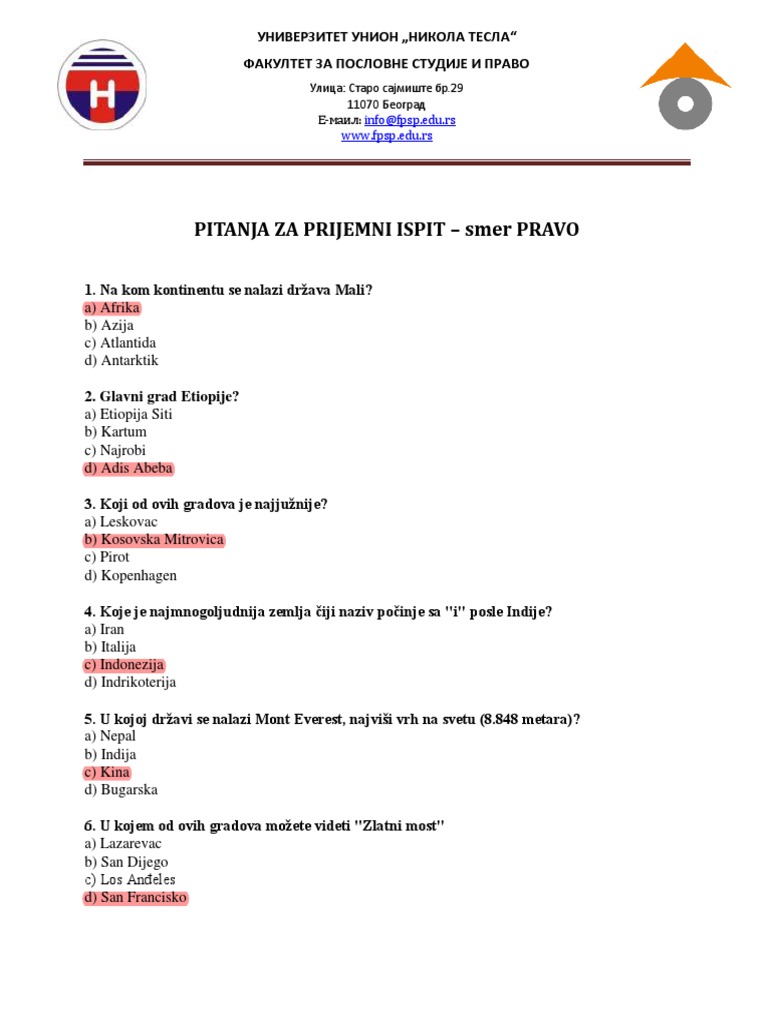 FPSP Prijemni Ispit Pitanja Sa Odgovorima | PDF