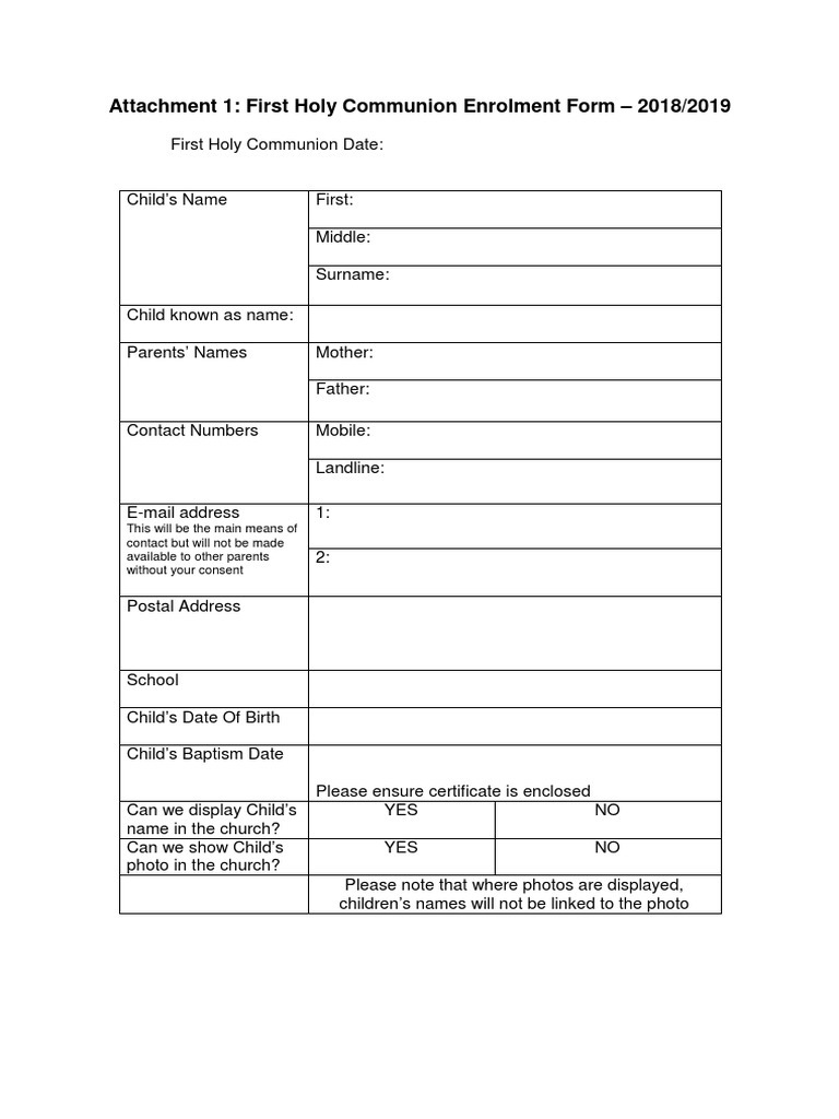 Attachment 1: First Holy Communion Enrolment Form - 2018/2019 | PDF ...
