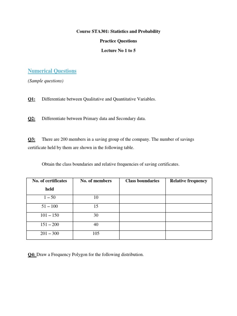 Numerical Questions: Course STA301: Statistics and Probability Practice ...