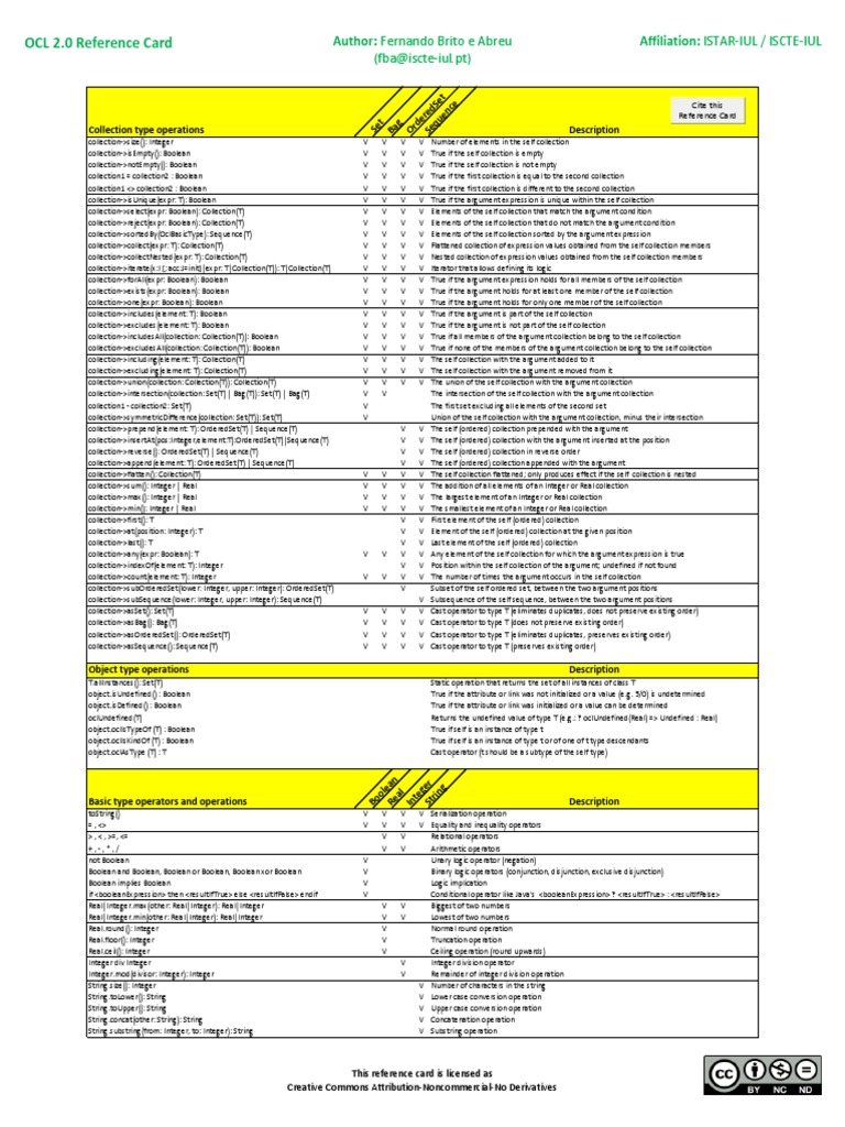 Ocl 2 Reference Card Pdf Boolean Data Type Boolean Algebra