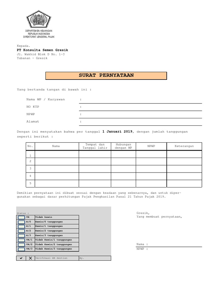 Pernyataan Status PTKP 2019 | PDF