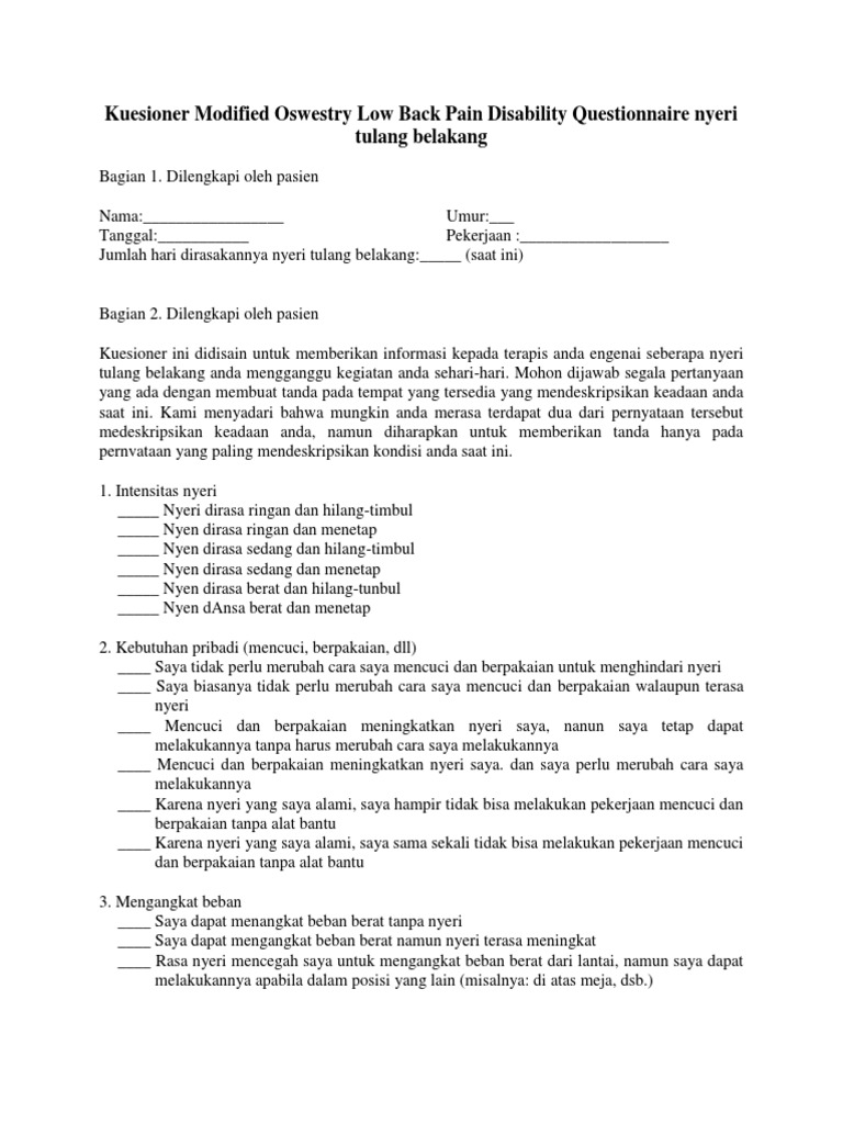 Kuesioner Modified Oswestry Low Back Pain Disability Questionnaire ...