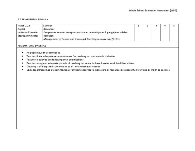 Aspect Resources Standard Indicator Management of Human and Learning ...