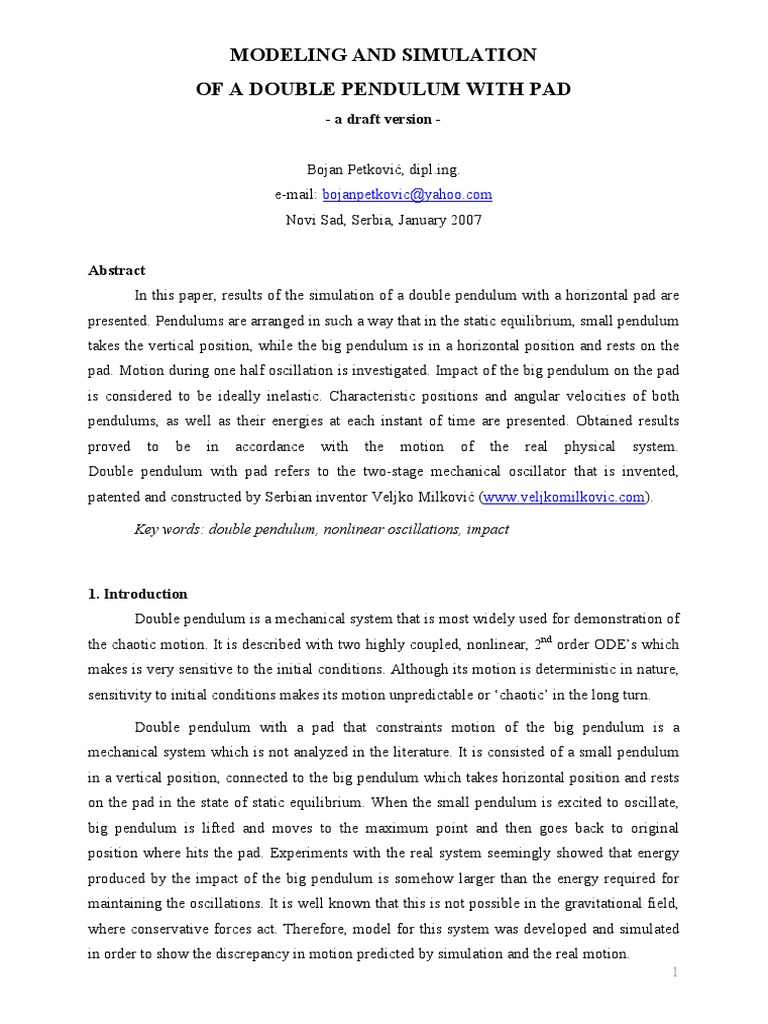 Bojan Petkovic-Modeling and Simulation of A Double Pendulum With Pad PDF | PDF | Rotation Around ...