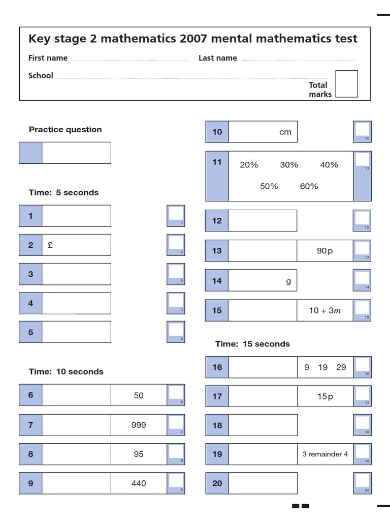 Key Stage 2 Mathematics 2007 Mental Mathematics Test: Practice Question ...