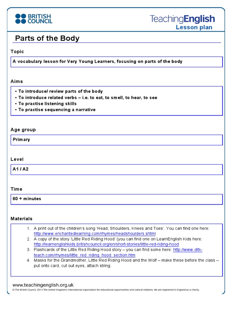 Parts of The Body: Lesson Plan | PDF | Little Red Riding Hood | Narrative