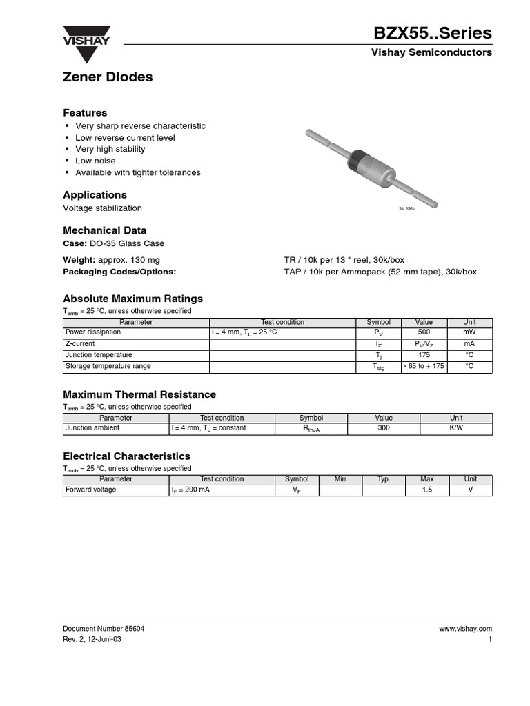 BZX55..Series: Zener Diodes | PDF | Diode | Electrical Resistance And Conductance