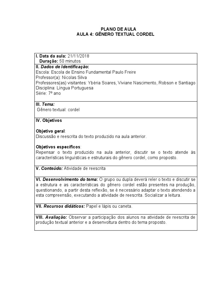 Modelo de Plano de Aula 2 | PDF