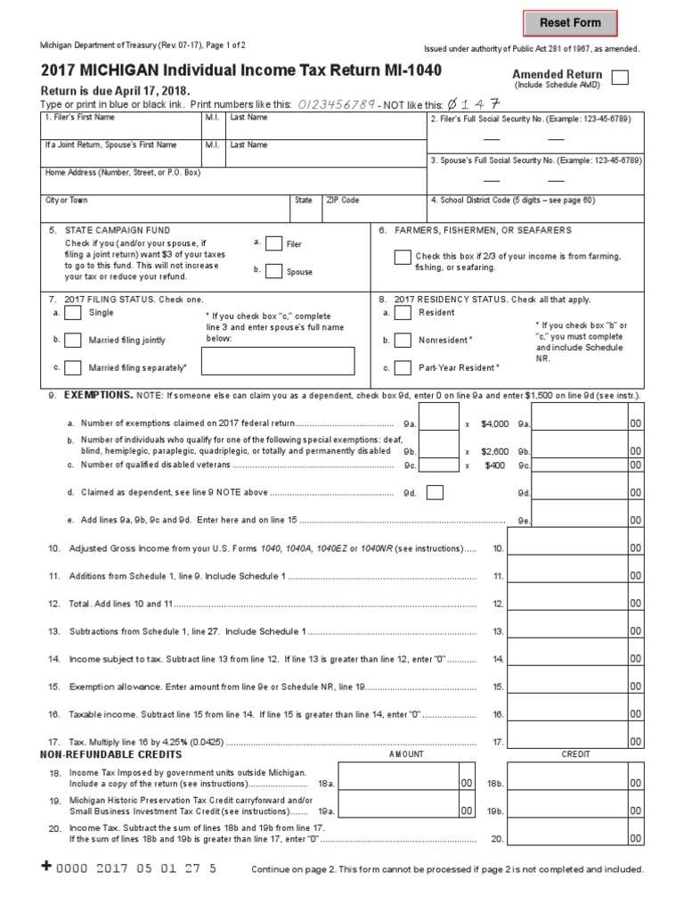 2017 MICHIGAN Individual Income Tax Return MI-1040: Amended Return ...