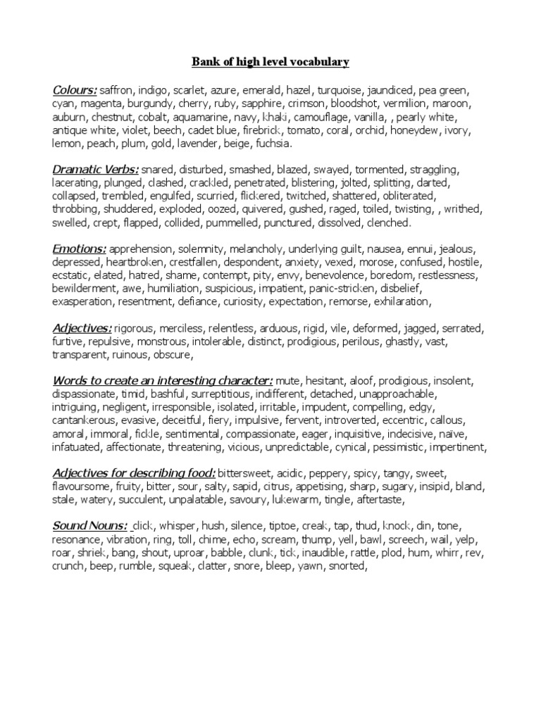 Bank of High Level Vocabulary | PDF