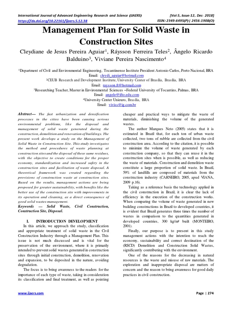 Management Plan For Solid Waste in Construction Sites | PDF | Recycling ...