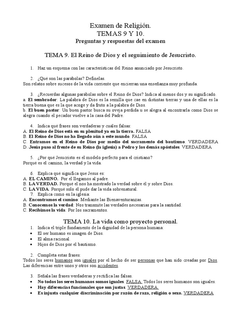 Examen de Religión: Temas 9 y 10 | PDF | Mal | Jesús